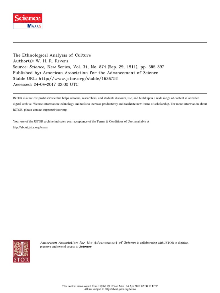 W.H.R. Rivers' Analysis of the Ethnological Study of Culture | PDF ...