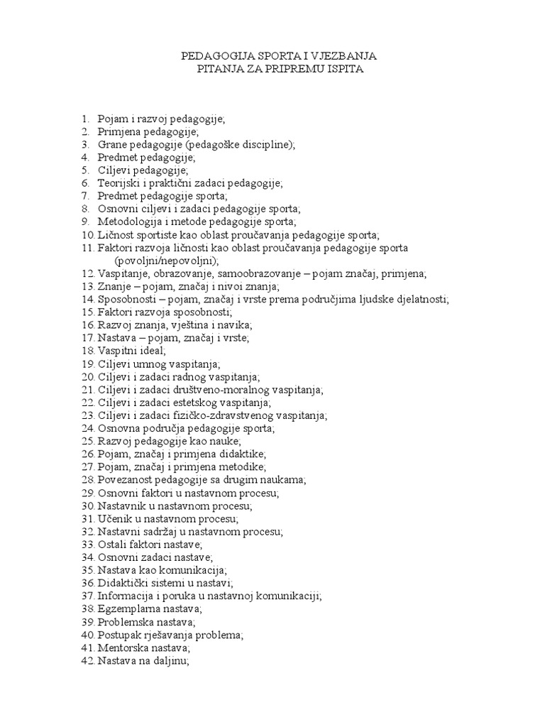 Pedagogija Sporta-Pitanja Za Pripremu Ispita | PDF