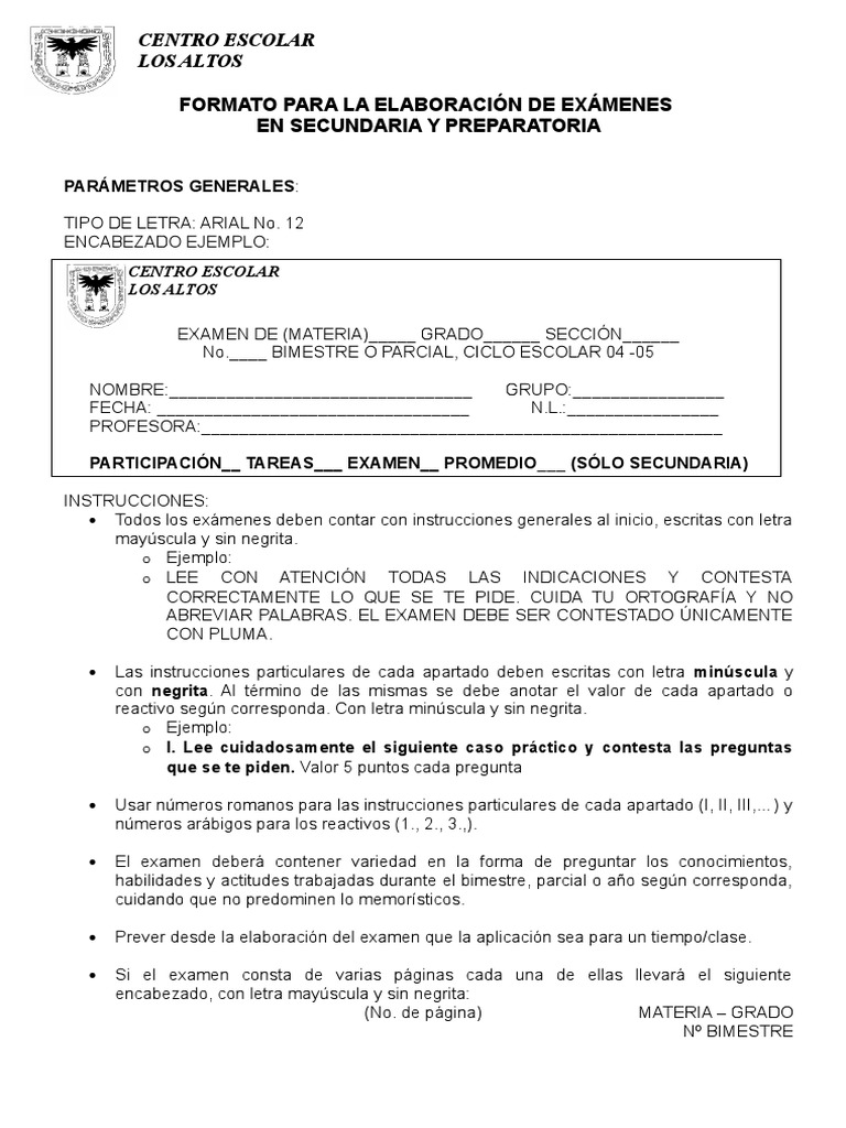 Formato para La Elaboración de Exámenes de Sec y Prepa | PDF