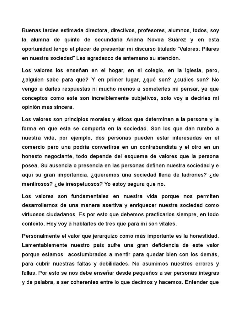 Discurso - Valores, Pilares de Nuestra Sociedad | PDF | Tolerancia | Science