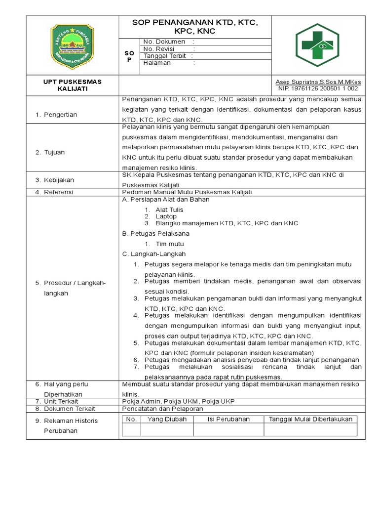 Sop Penanganan Dan Pelaporan KTD, KTC, KPC Dan KNC | PDF