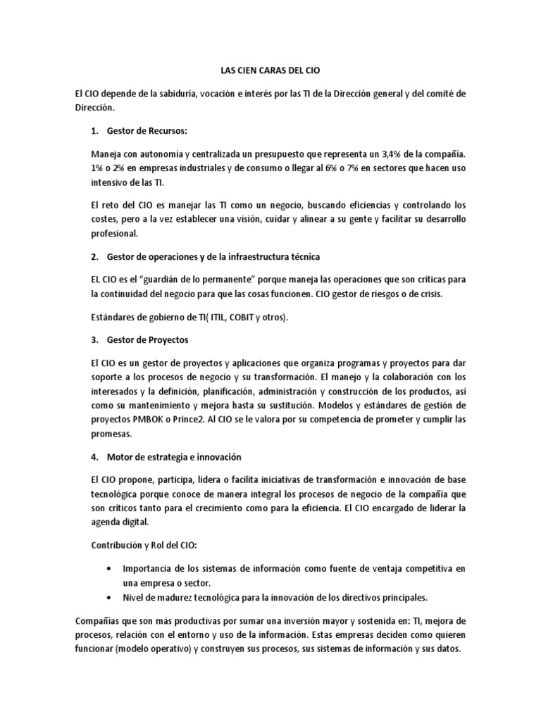 Cien Caras de CIO (REsumen) | PDF | Sistema de informacion | Toma de decisiones