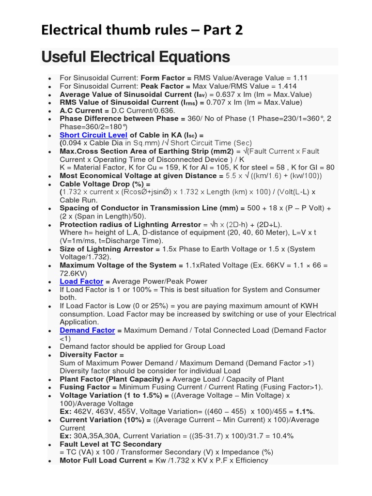 Electrical Thumb Rules Overview Part 2 | PDF | Transformer | Cable
