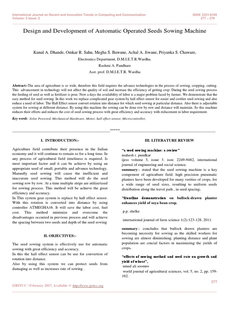 Design and Development of Automatic Operated Seeds Sowing Machine | PDF ...