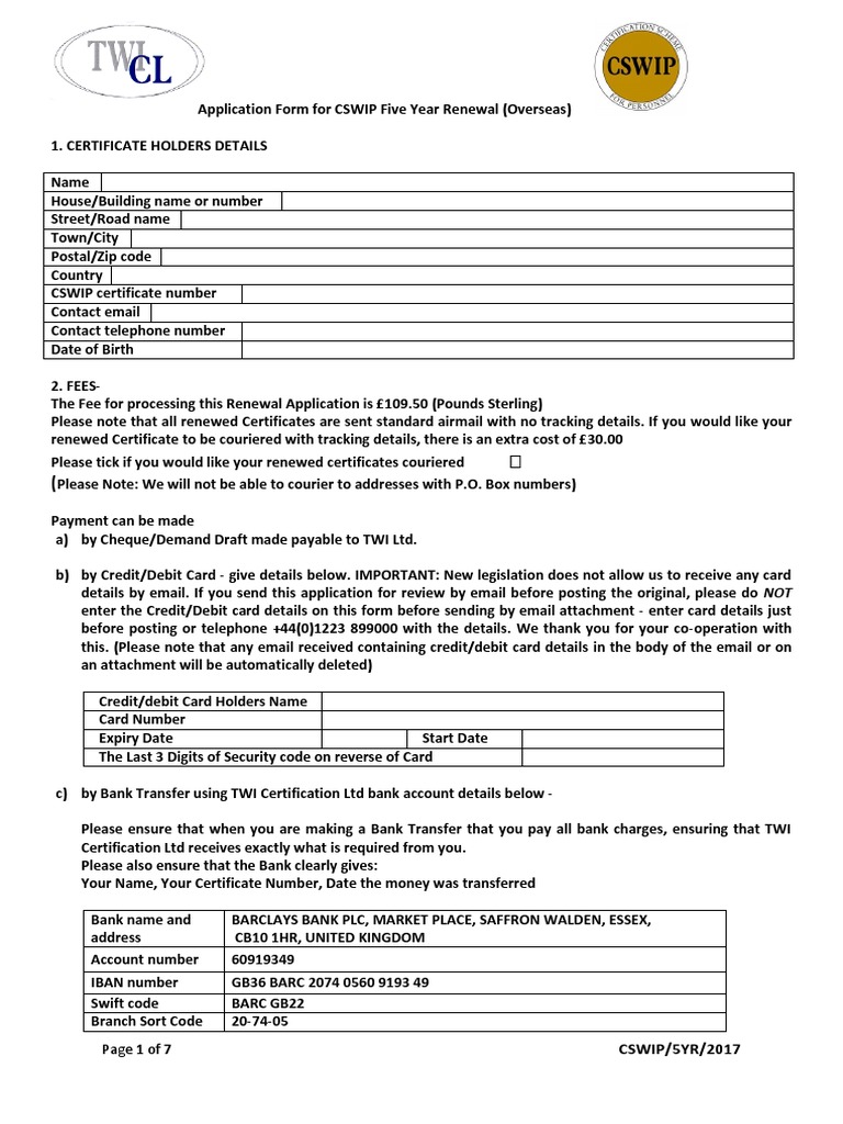 Application Form For CSWIP 5 Year Renewal (Overseas) No Logbook | PDF | Cheque | Wire Transfer