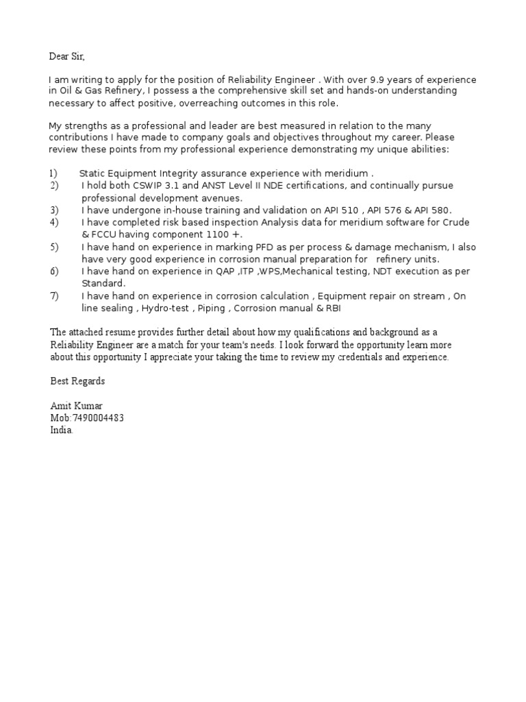 RELIABILITY ENGINEER Cover Letter | PDF | Reliability Engineering ...