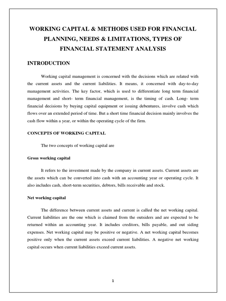 Working Capital & Methods Used For Financial Planning, Needs ...