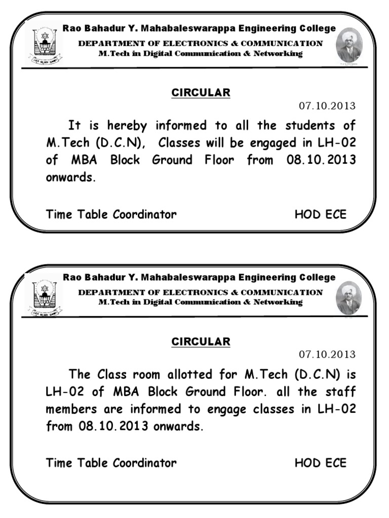 Time Table Coordinator Hod Ece: Circular | PDF