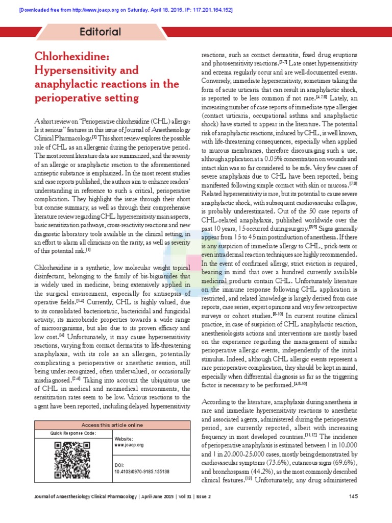 Chlorhexidine Hypersensitivity | Allergy | Anesthesia