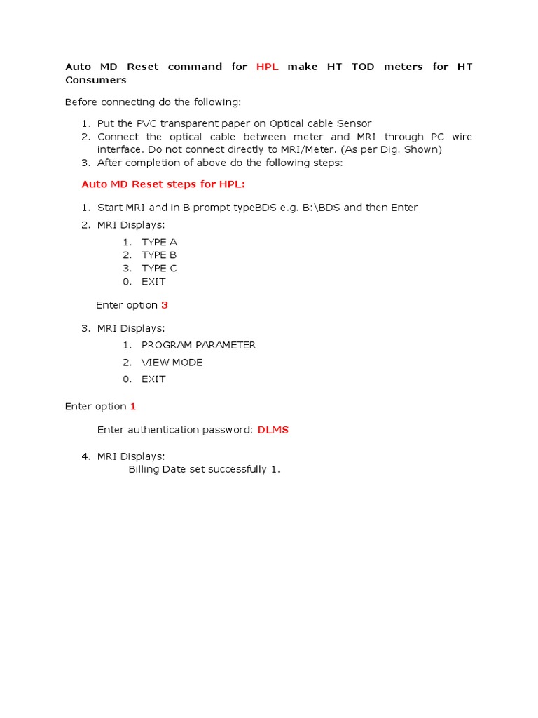 Auto MD Reset Command For HPL Make HT TOD Meters For HT Consumers | PDF