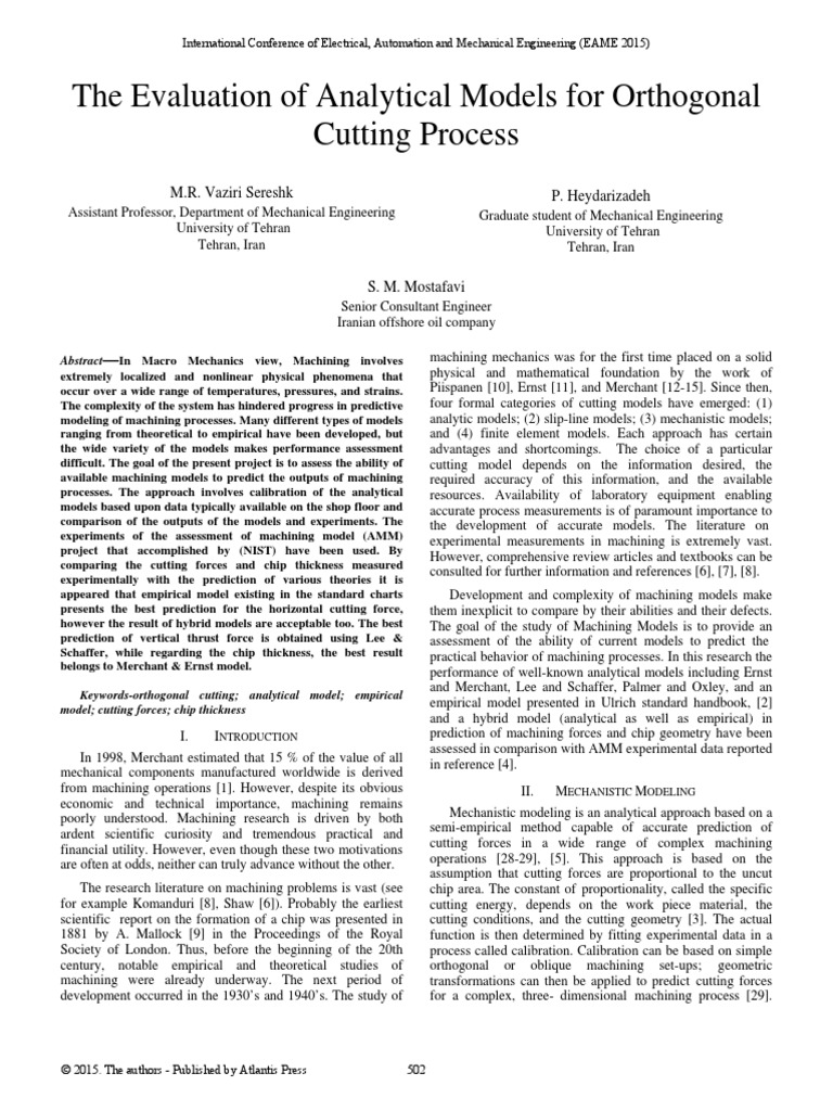 The Evaluation of Analytical Models For Orthogonal Cutting Process ...