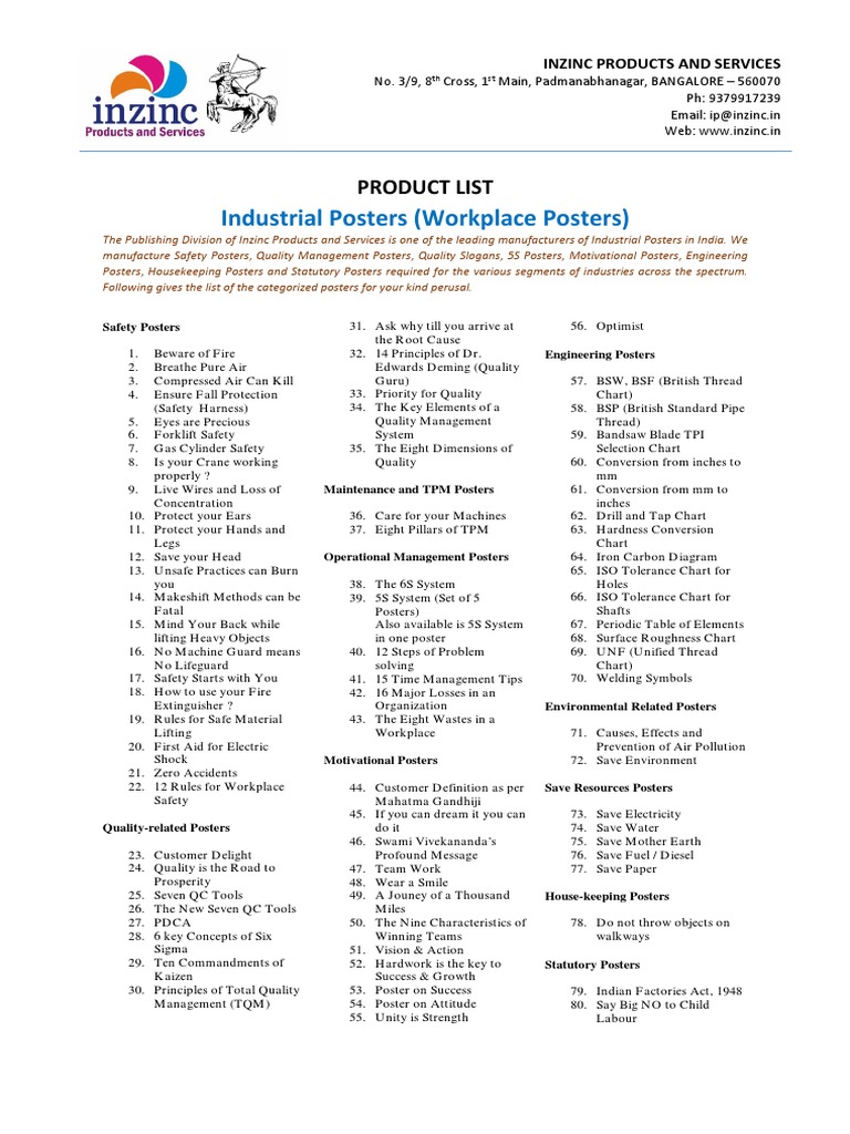 Industrial Posters (Workplace Posters) : Product List | PDF | Nature