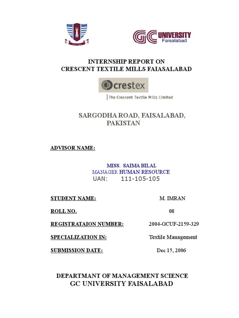 Internship Report On Crescent Textile Mills Faiasalabad: Sargodha Road ...