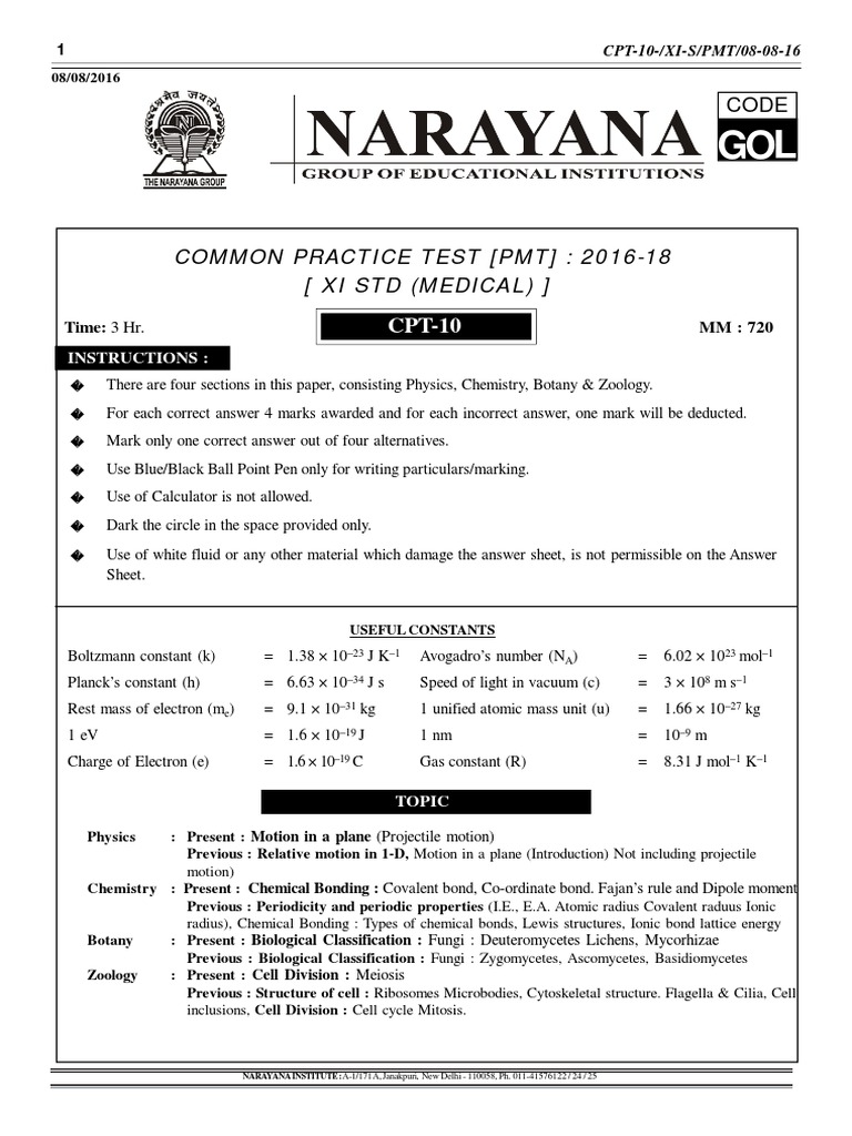 Narayana Class XI CPT question Paper | Trajectory | Ion