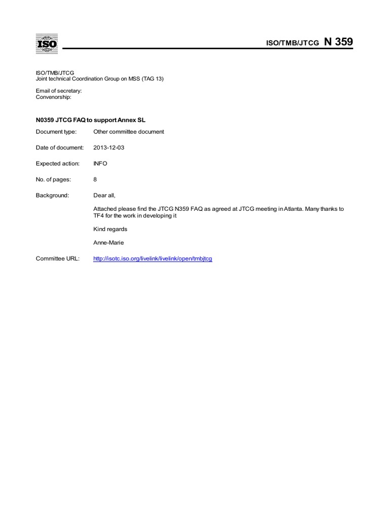 JTCG N359 FAQ on Annex SL Standards | PDF | International Organization ...