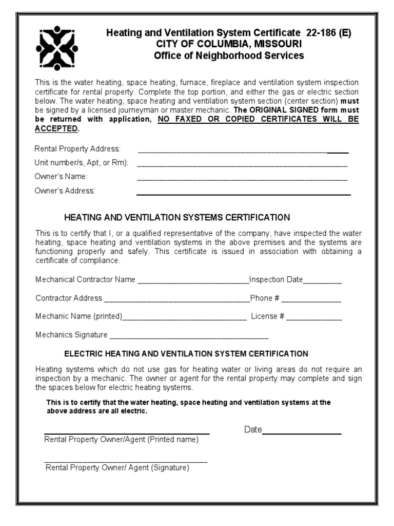 Columbia Heating System Inspection Certificate | PDF
