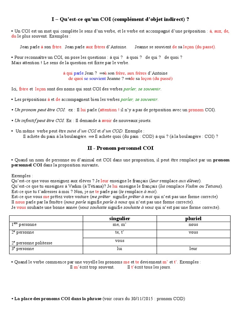 Comprendre le pronom COI en français | PDF | Complément d'objet | Clause