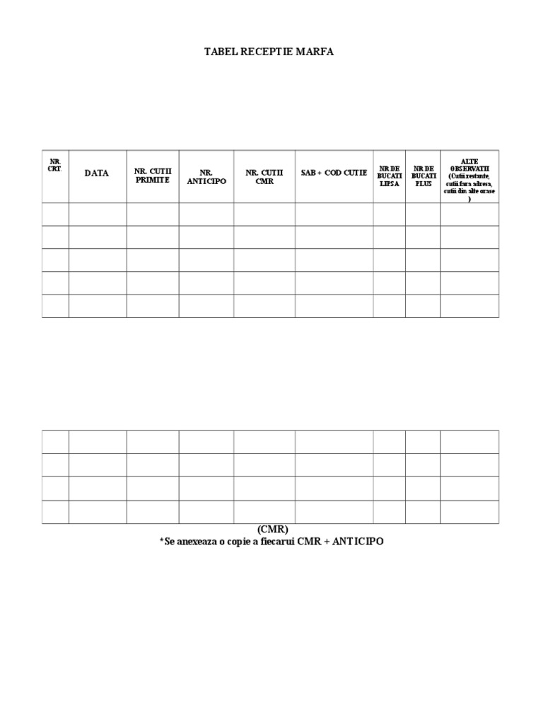 Tabel Receptie Marfa: Nr. Cutii Primite NR. Anticipo Nr. Cutii CMR Sab + Cod Cutie | PDF