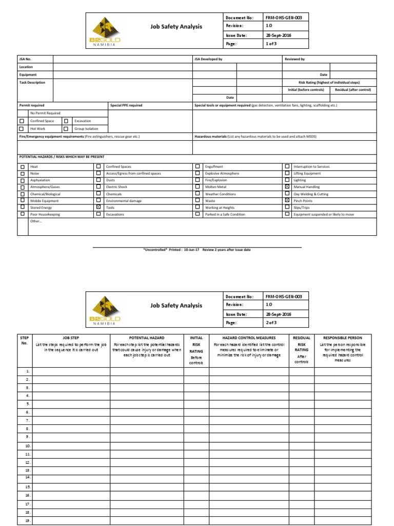 JSA Template | PDF | Hazards | Safety