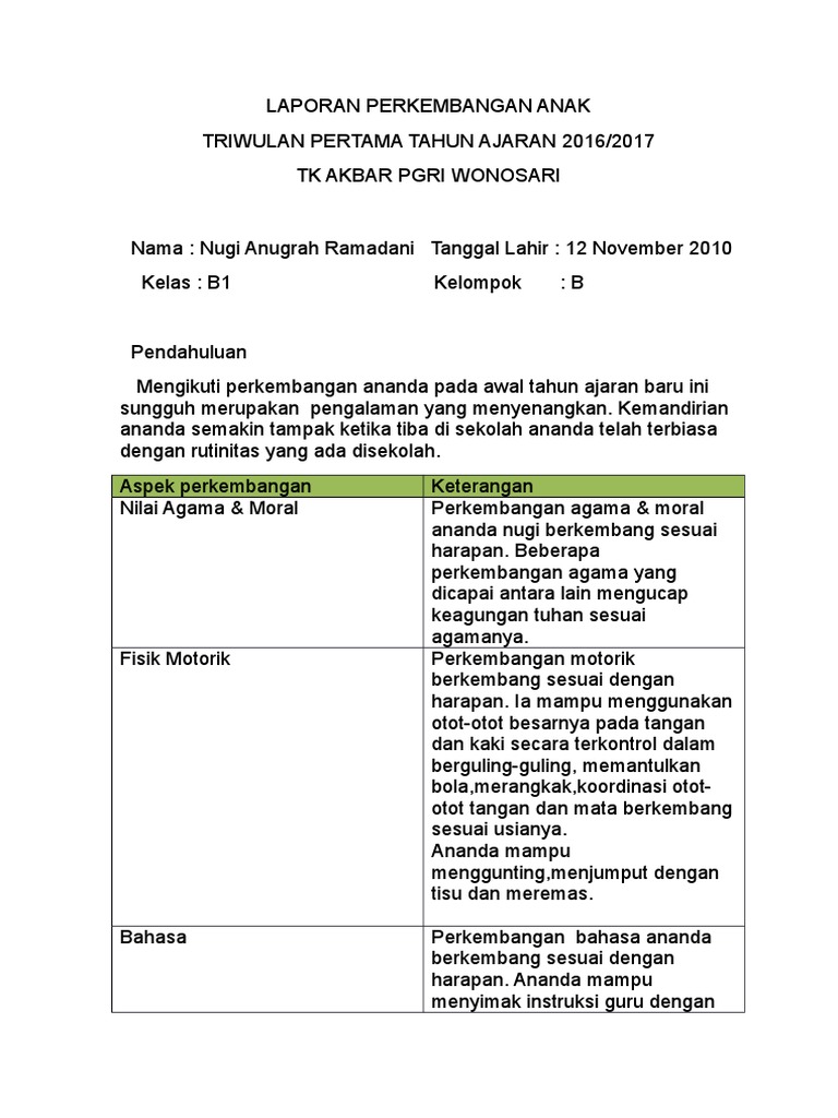 Laporan Perkembangan Anak | PDF