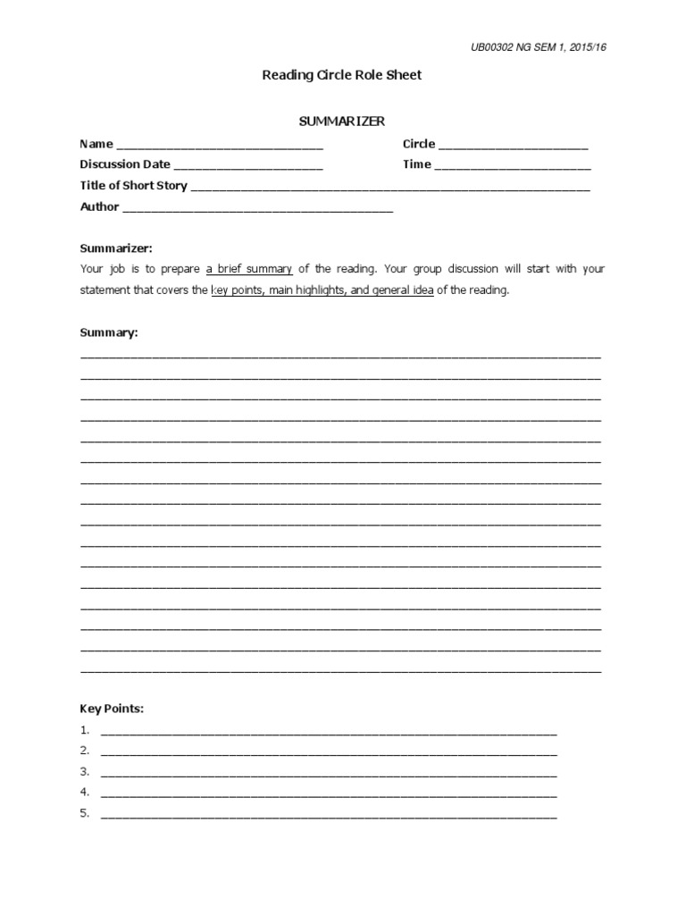 UB00302 - Reading Circle Role Sheet | PDF | Reading (Process) | Books