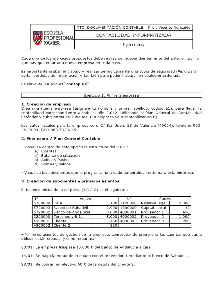 Ejercicios de Contaplus | PDF | Contabilidad | Bancos