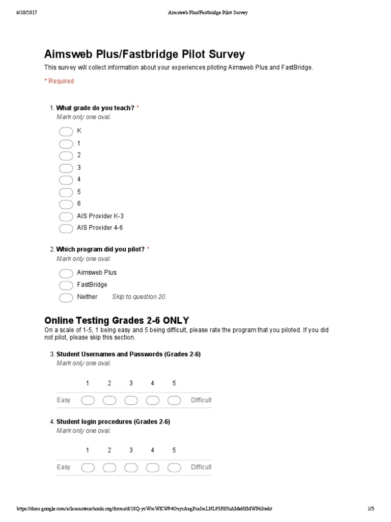 Aimsweb Plus Fastbridge Pilot Survey - Google Forms | PDF | Usability ...