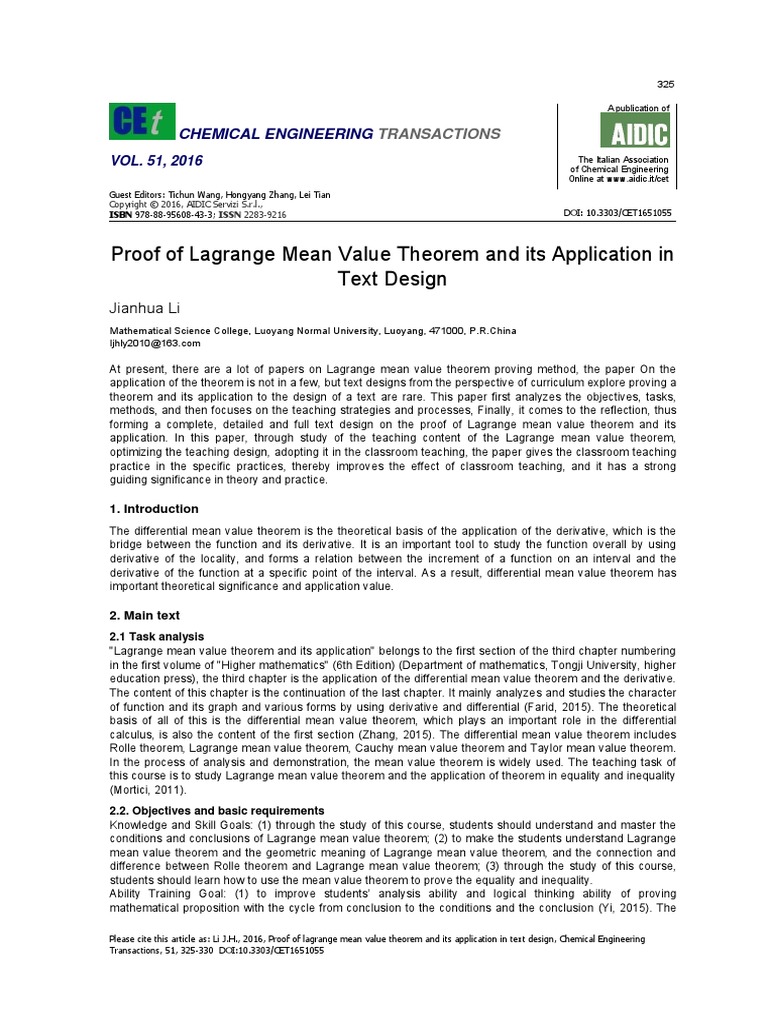 Proof of Lagrange Mean Value Theorem and Its Application in Text Design | Download Free PDF ...