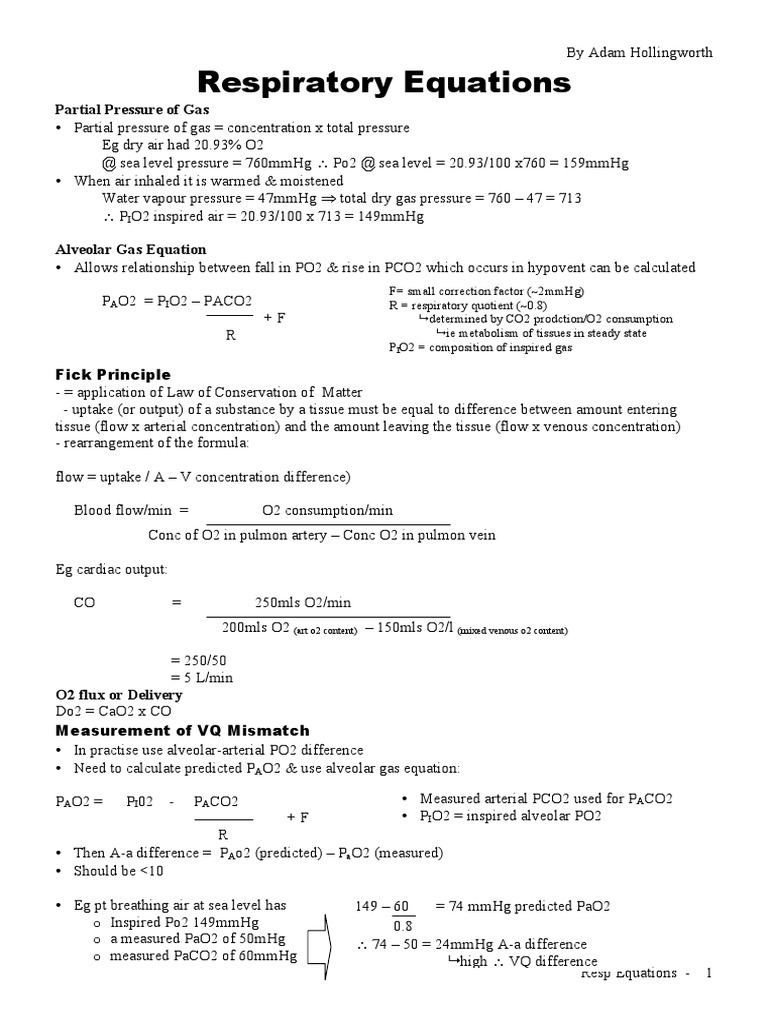 Respiratory Physiology Equations Guide | PDF | Blood | Physiology