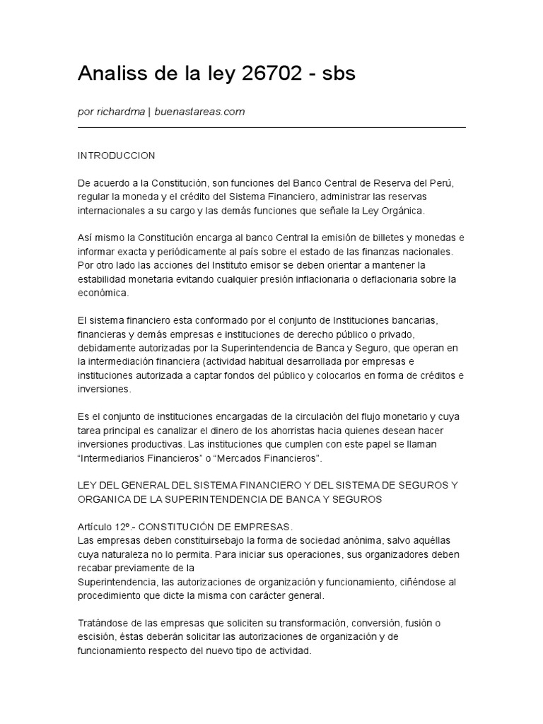 Analiss de La Ley 26702 - sbs-29 06 2011 | PDF | Sistema financiero | Bancos