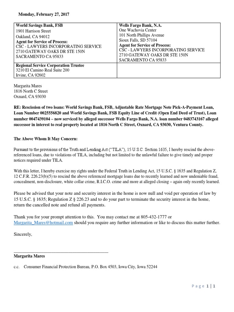 2017-02-24 Margarita Mares Rescission Letter | PDF | Truth In Lending ...