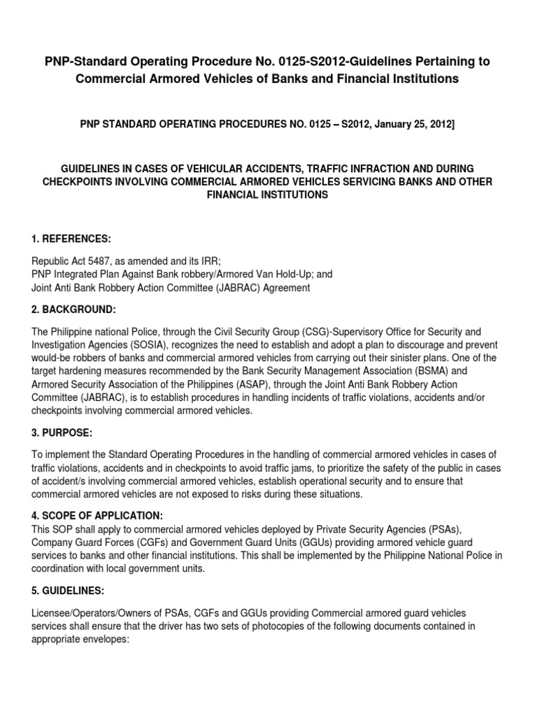 PNP Sop Involving Armored Cars | PDF | Traffic Collision | Traffic
