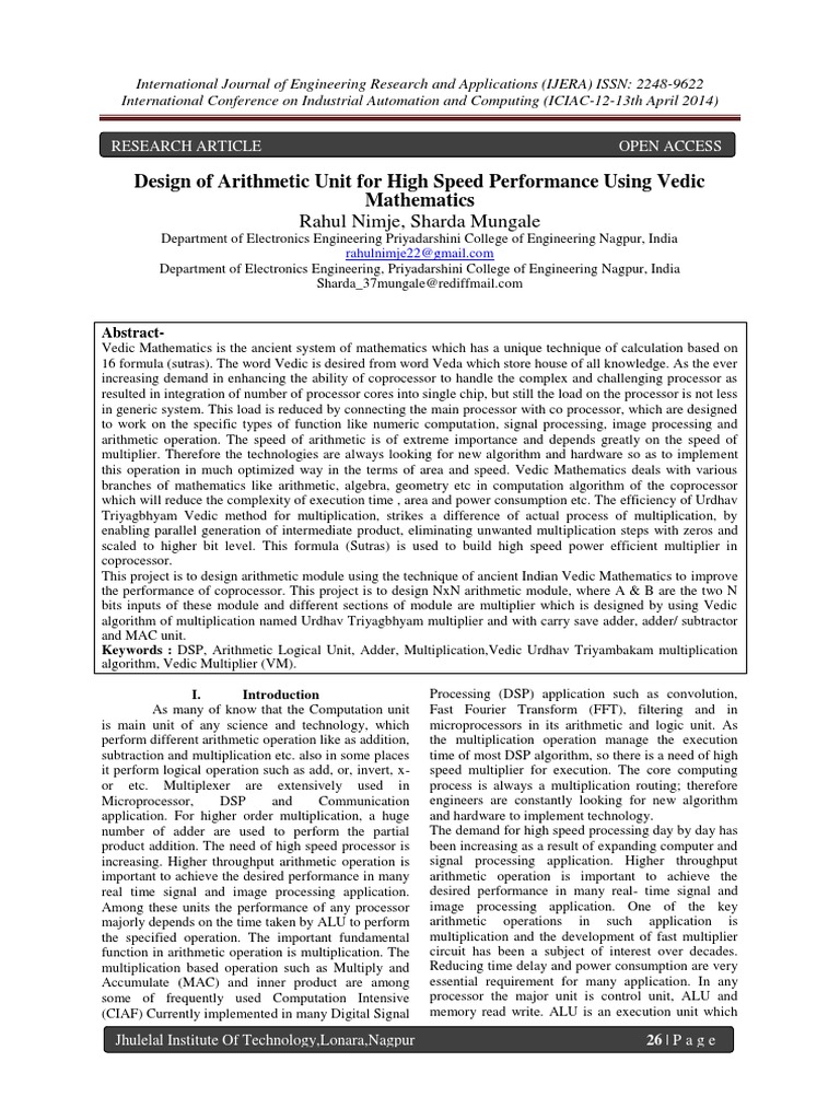 Design of Arithmetic Unit For High Speed Performance Using Vedic Mathematics | PDF | Field ...