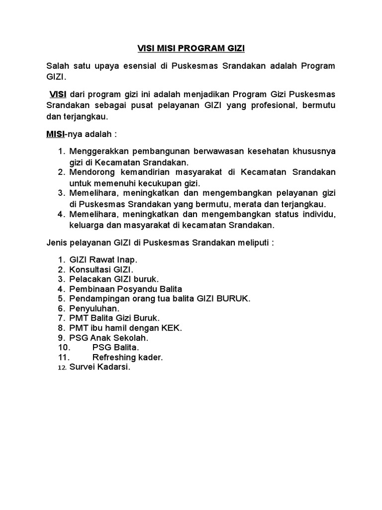 Visi Misi Program Gizi | PDF