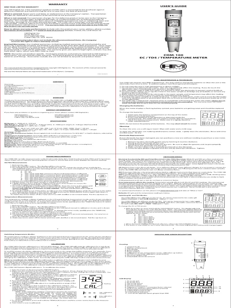 TDS Meter Manual | PDF | Applied And Interdisciplinary Physics | Chemistry