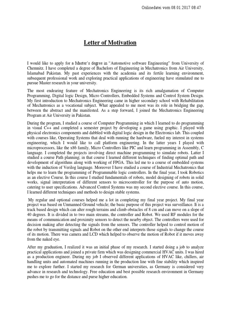 Letter of Motivation | PDF | Robot | Robotics