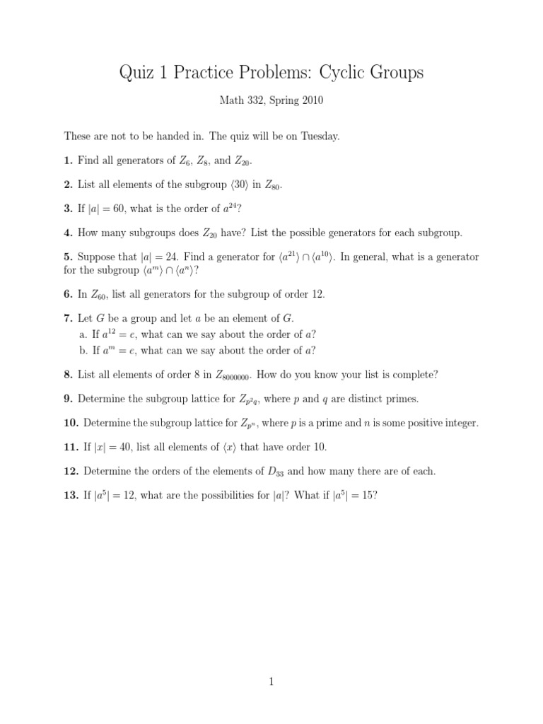Cyclic Group Problems | PDF | Group Theory | Mathematical Structures