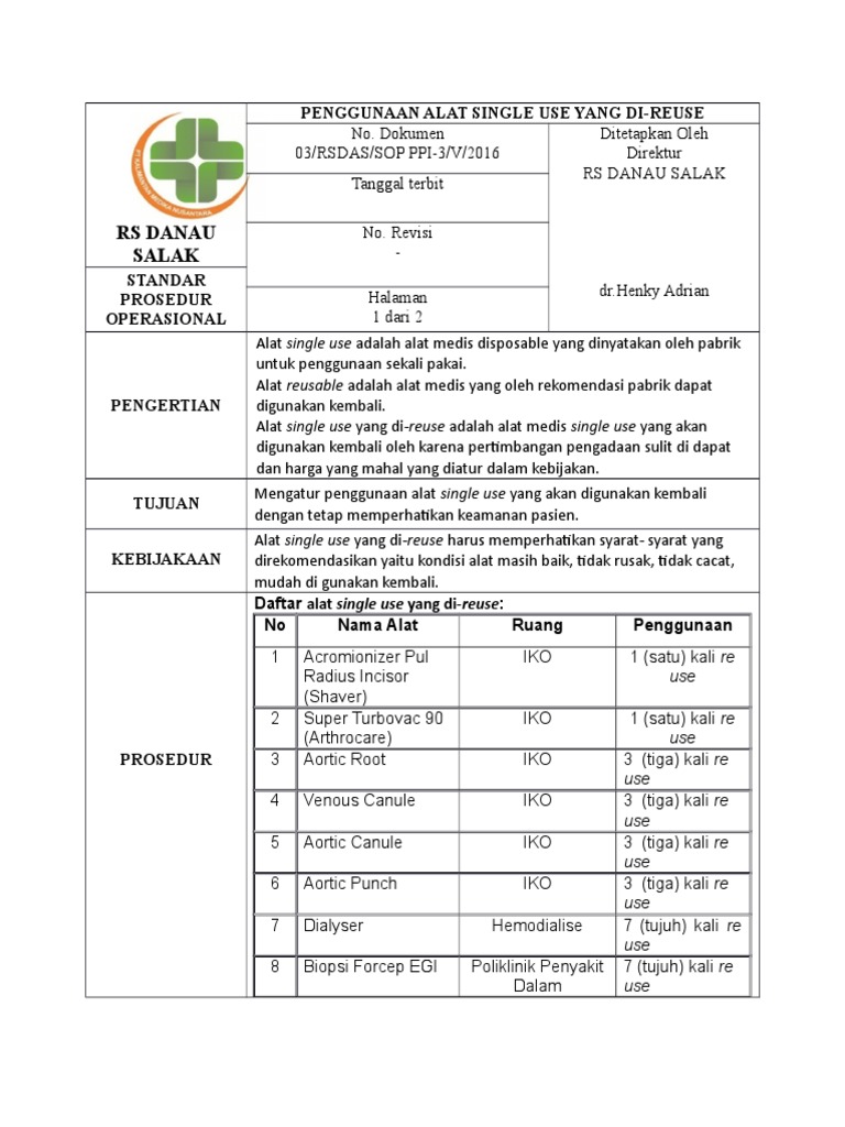 SPO Alat Single Use Yang Di Reuse | PDF