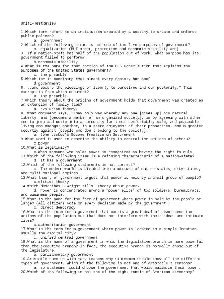 Government Test Review - Unit 1 | PDF | Democracy | Political Ideologies