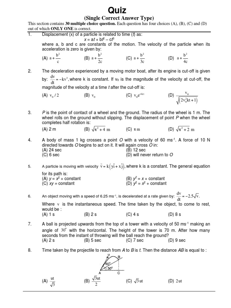 Kinematics Quiz | PDF | Velocity | Acceleration
