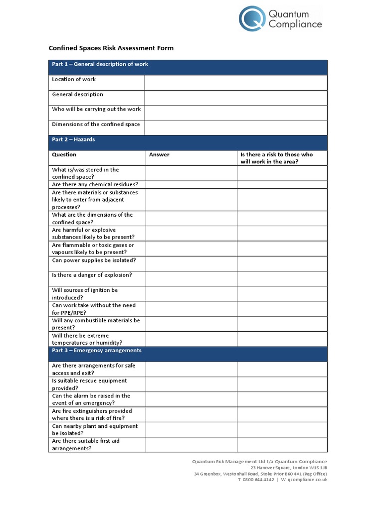 Confined Spaces Risk Assessment Form | PDF | Fires | Hazards