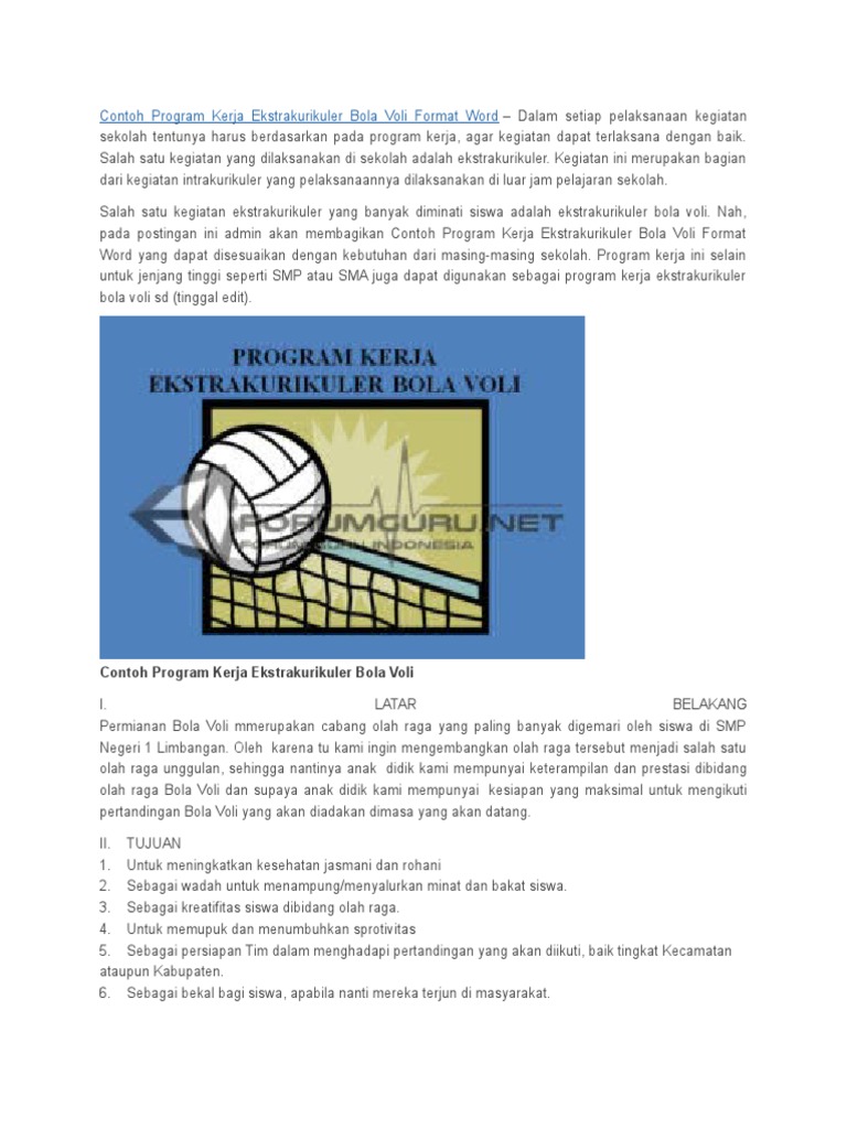 Contoh Program Kerja Ekstrakurikuler Bola Voli Format Word | PDF