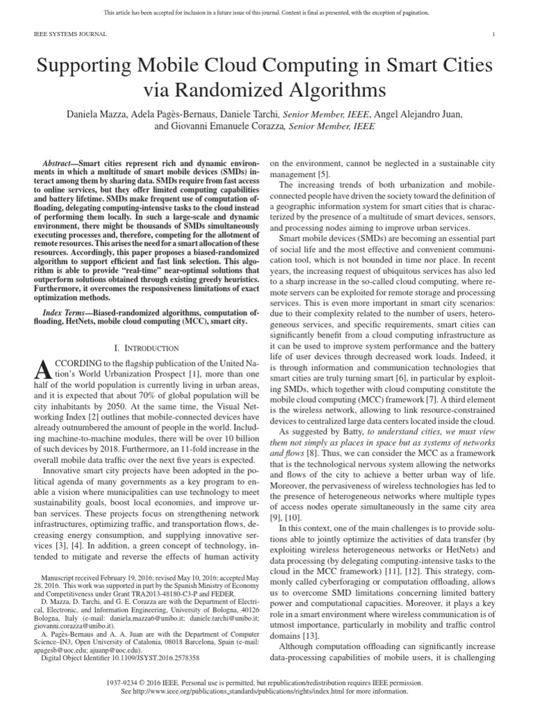 Supporting Mobile Cloud Computing in Smart Cities Via Randomized Algorithms | PDF | Cloud ...