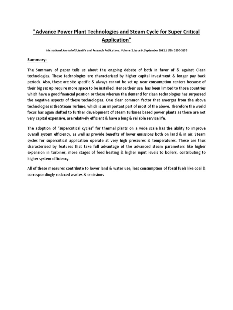 Advance Steam Cycle Technologies for Higher Efficiency Power Plants | PDF