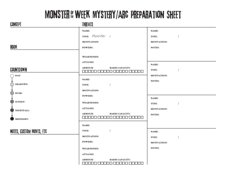 Monster of The Week Revised Mystery Worksheet | PDF