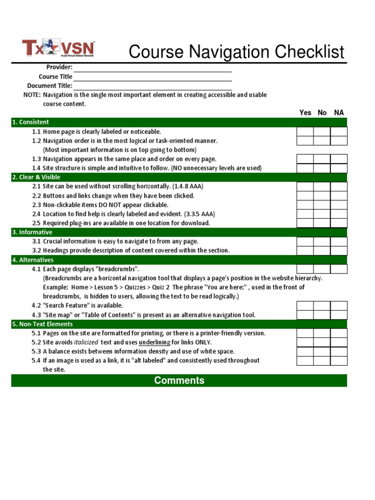 Course Navigation Checklist: Provider: Course Title Document Title ...