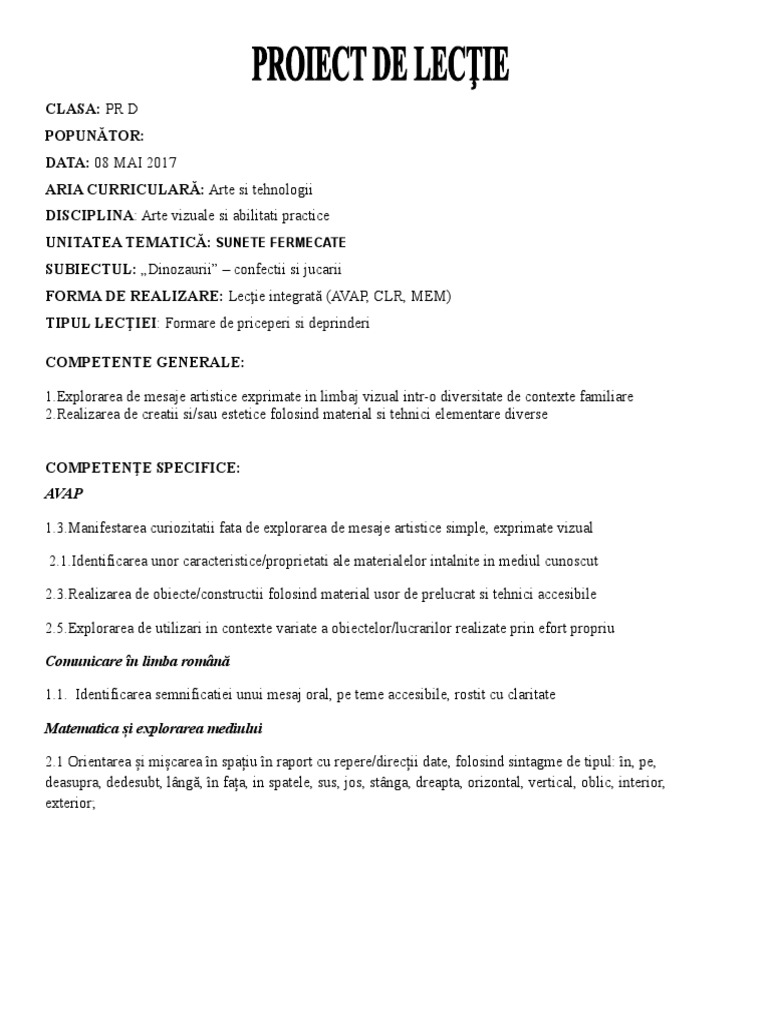 Proiect de Lectie AVAP Cls PR | PDF