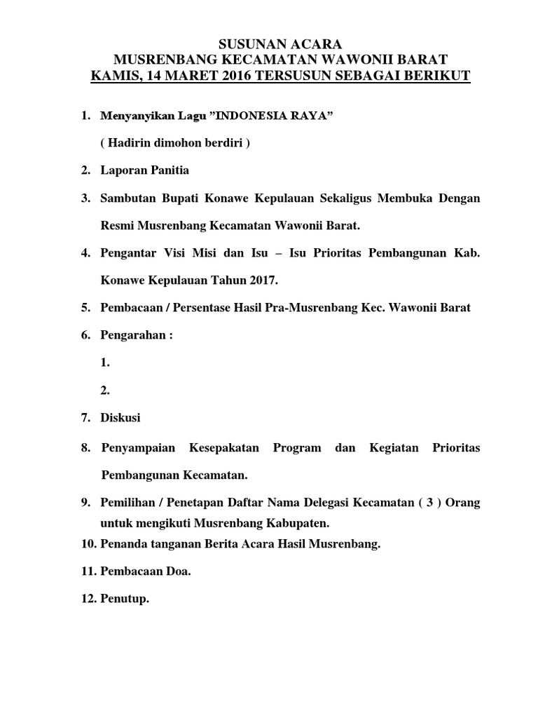 Susunan Acara Musrenbang Kecamatan 2016 | PDF | Perjalanan | Kajian ...