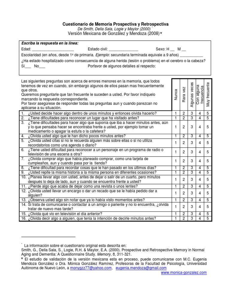Cuestionario de Memoria Prospectiva y Retrospectiva - (PRMQ-S) | PDF ...
