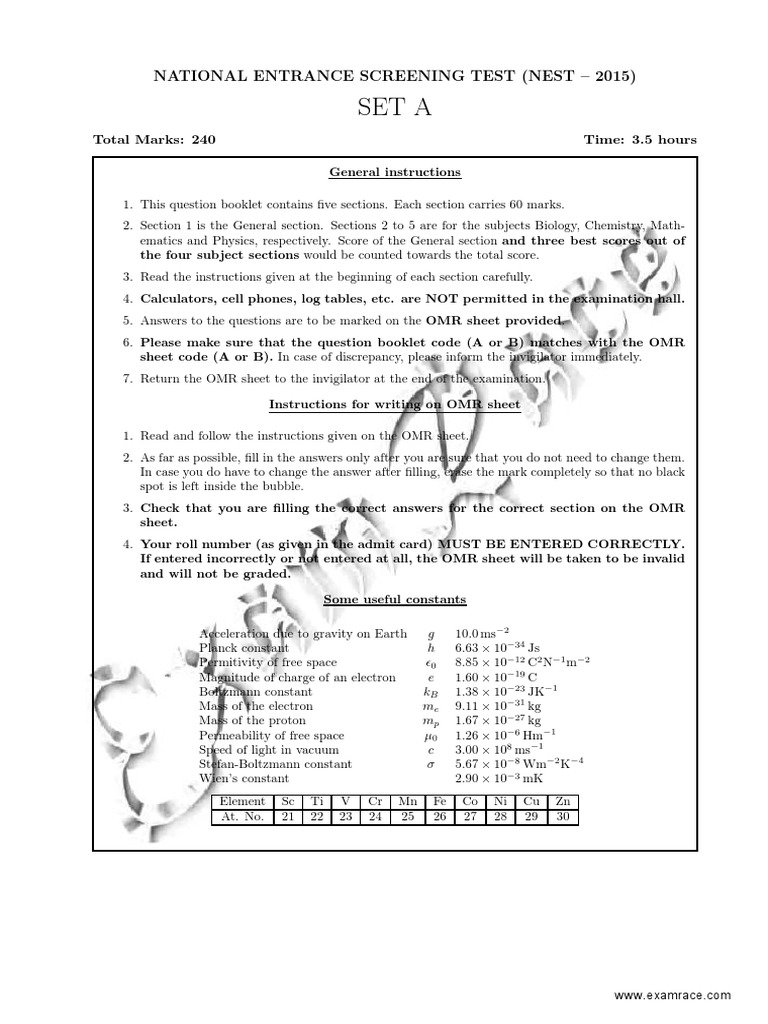 Set A: National Entrance Screening Test (Nest - 2015) | PDF | Lignite ...